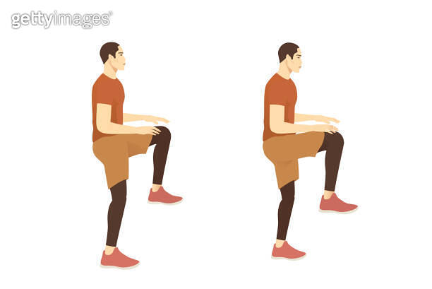 Men doing exercise with High Knee posture. Front one knee lifts to ...