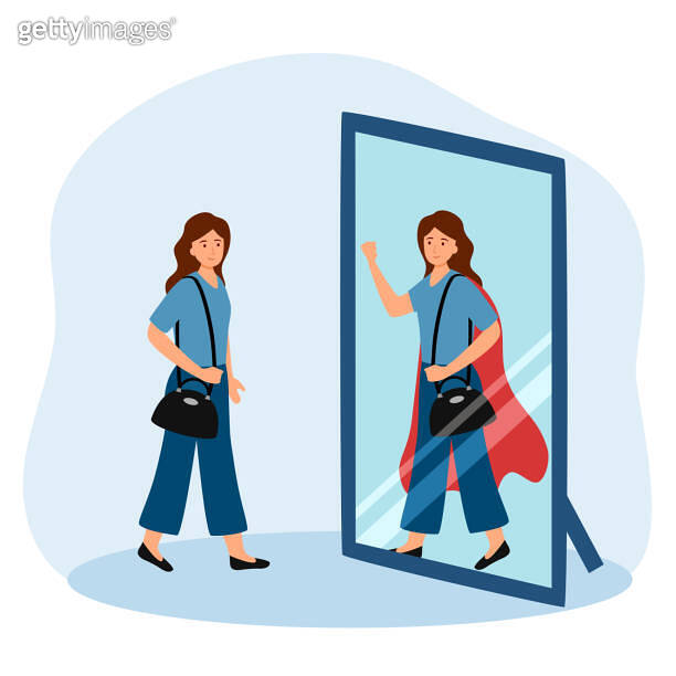 Businesswoman looking at her strong ideal self superhero reflection ...