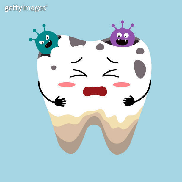 Dental cavity problem. Sad decayed teeth with bacteria vector cartoon ...