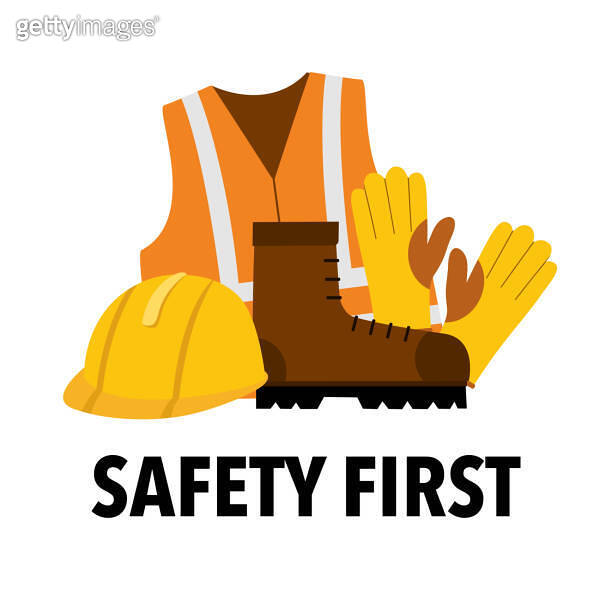 Safety first concept. Engineer helmet, safety shoe, vest and gloves in ...