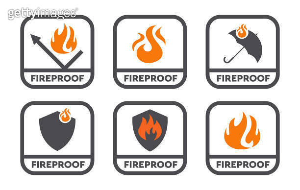 Fireproof and flame resistant vector labels. Fire protection signs ...