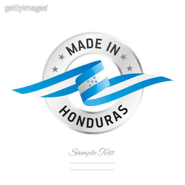 Made in Honduras. Honduras flag ribbon with circle silver ring seal ...