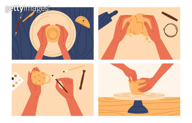 Scenes of pottery workshop. Various tools for sculpting pottery ...