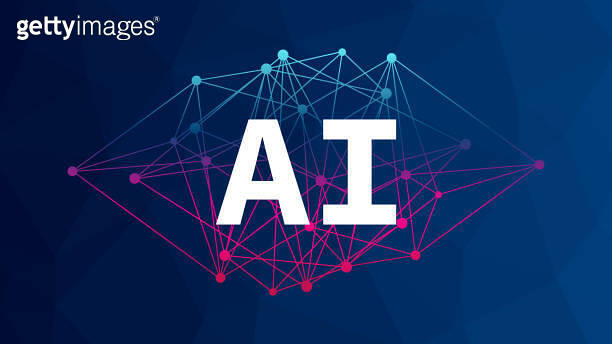 Artificial intelligence. Triangle blue pink gradient network pattern. Deep learning. Smart ...