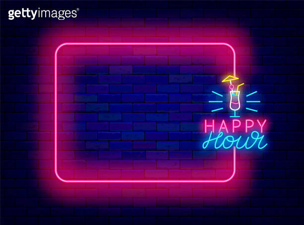 Happy hour neon promotion. Empty pink frame and text with cocktail ...