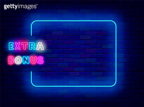 Extra bonus neon greeting card. Empty blue frame and typography ...