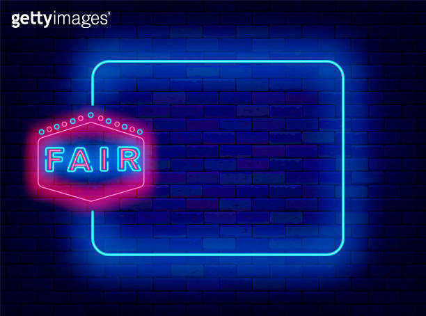 Fair neon announcement. Season shopping and amusement park. Empty ...