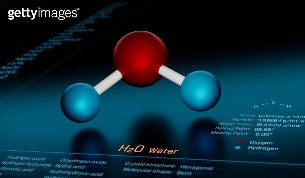 H2O water molecule model, dark display with molecule data. 이미지 ...