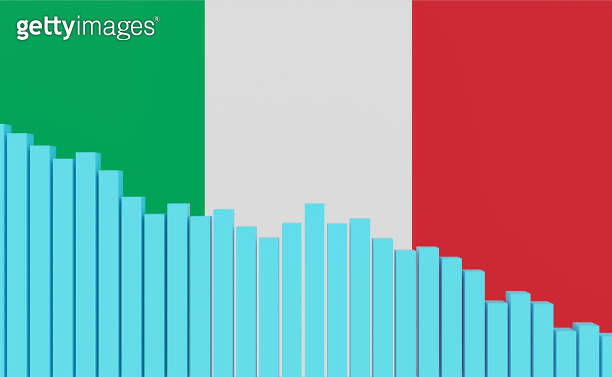 Italy, bar graph down, recession. 이미지 (2159358804) - 게티이미지뱅크