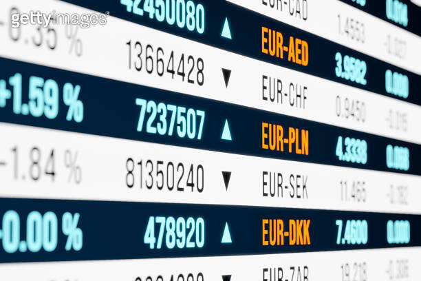 Monitor with global currency rates like Euro, US dollar, Japanese yen ...