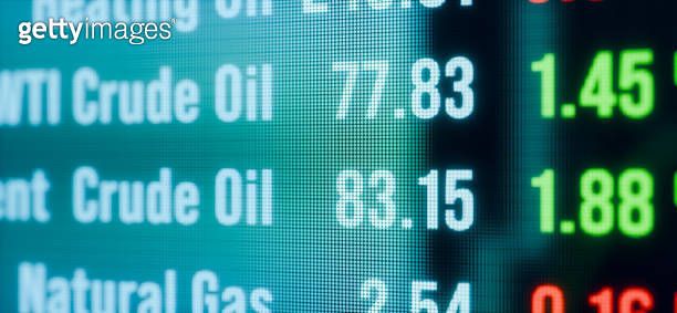 Trading screen with rising or falling commodity prices like Brent Crude ...