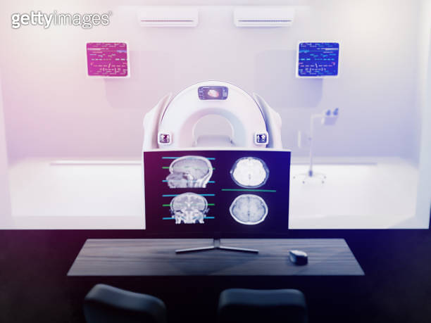 The CT scan room features a 3D rendering CT scanner, used for high ...