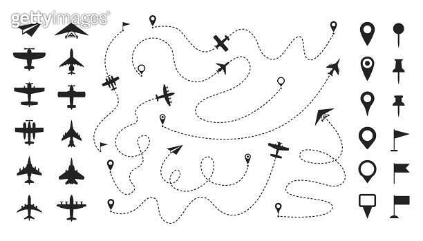 Dashed line plane route. Airplane trajectories path, flight roadmap ...