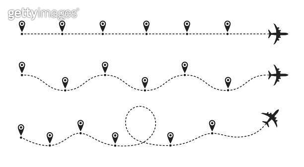 Timeline plane route. Flight paths with dashed line and airplane icons ...