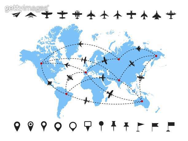 Airline routes on world map. Worldwide air travel dashed line route ...