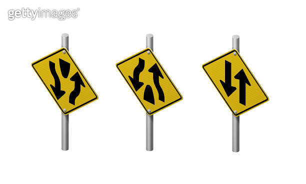 Set of Yellow Road Merge and Lane Transition Signs, Traffic Safety ...