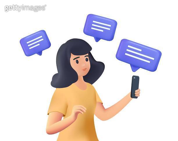 Sending and receiving messages, comments on mobile phone 3D. Woman ...