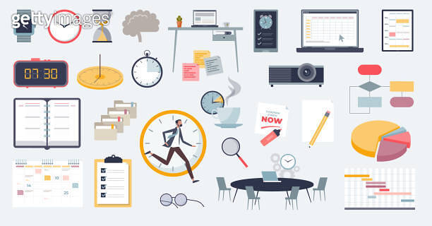 Time management objects and daily schedule planning tiny person concept ...