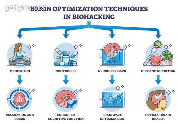 Brain optimization techniques and mind biohacking methods outline diagram 이미지 (2079742673) - 게티이미지뱅크