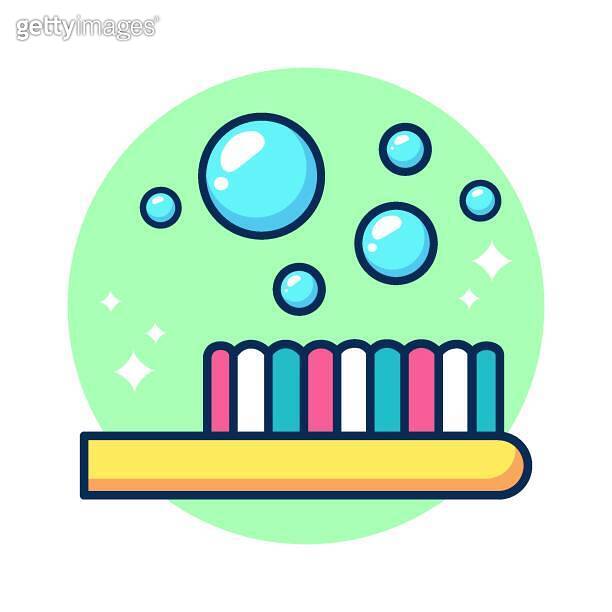 Yellow toothbrush. Bubble. Teeth cleaning. Children's learning card ...