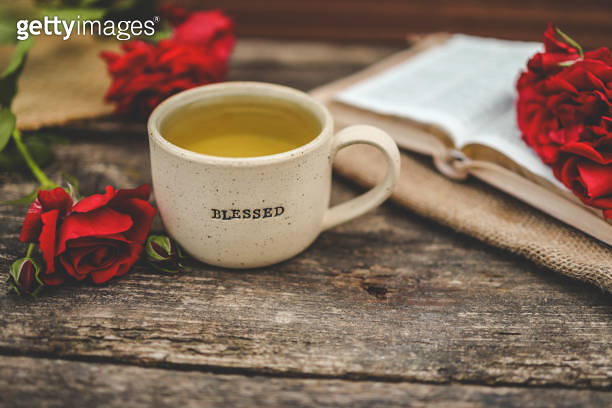BLESSED, cup of tea and open Bible, Christian good morning concept ...