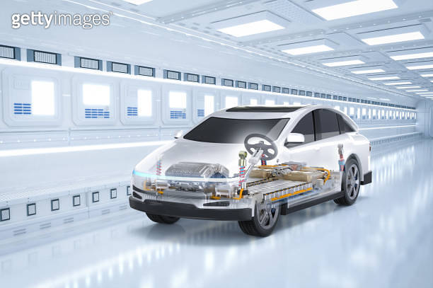 Ev car or electric vehicle with pack of battery cells on platform in ...