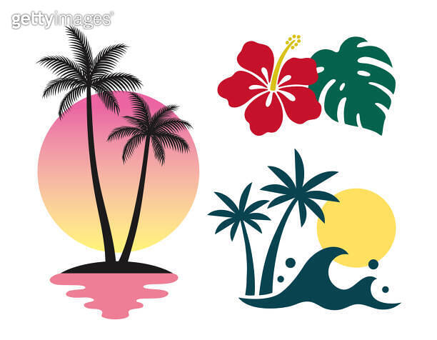 Palm trees, Hawaiian sunset and hibiscus icons 이미지 (2072923034) - 게티이미지뱅크