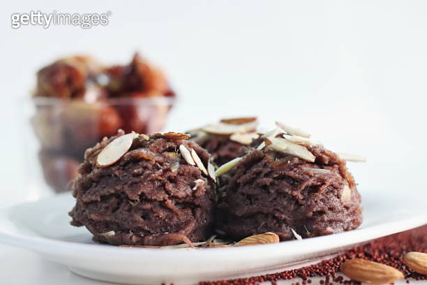 Ragi dates Sheera. Indian pudding made of finger millet flour ghee ...