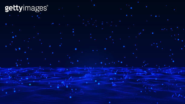 Abstract Hi-Tech bouncing blue particles background. Blue sphere particles are falling, bouncing ...
