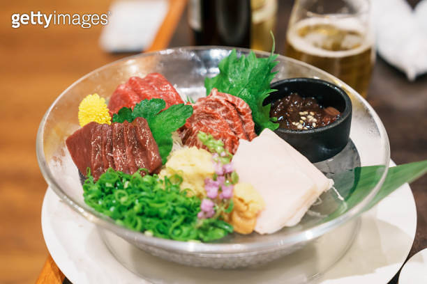 horse meat pieces sashimi or Japanese Basashi. Baniku includes lean ...