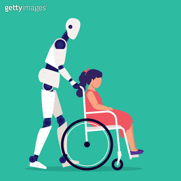 AI Caregiver Robot Pushing A Disabled Little Girl In Wheelchair. Droid ...