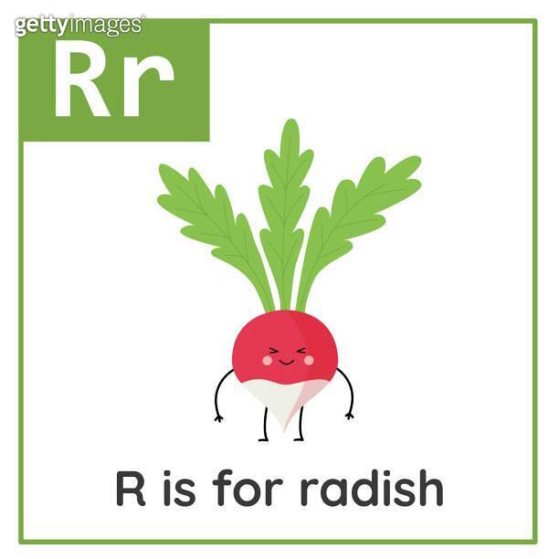 Learning English alphabet for kids. Letter R. Cute cartoon radish ...