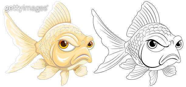 Color and black-and-white illustrations of a grumpy fish. 이미지 ...