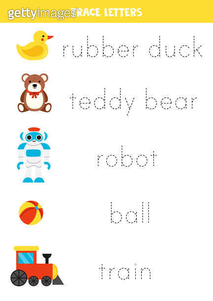 Tracing names of cute cartoon toys. Writing practice. Tracing words ...