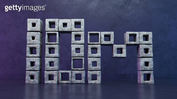 Abstract arrangement of concrete shaped number ten millions, 3D 10M ...