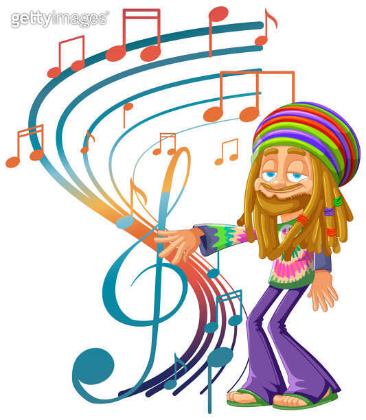 Cartoon hippie playing music with vibrant notes. 이미지 (2152678238) - 게티이미지뱅크