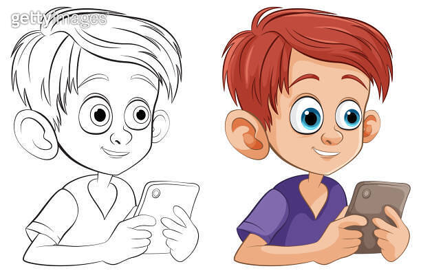 Colorful and line art of boy holding smartphone 이미지 (2153186829) - 게티이미지뱅크