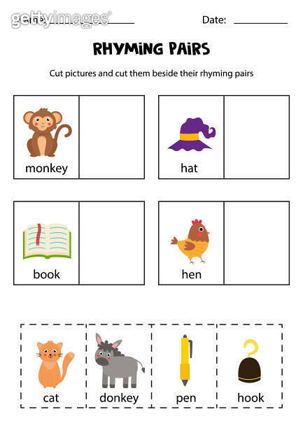 Find rhyming pairs. Educational worksheet. Cut and paste. (1931541339 ...