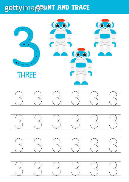 Numbers tracing practice. Writing number three. Cute cartoon robots ...