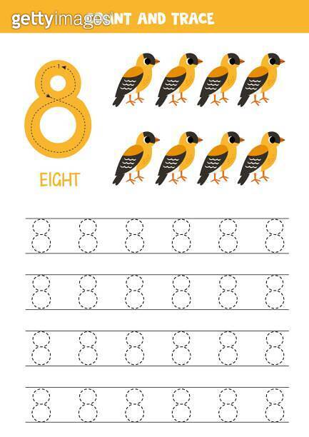 Numbers tracing practice. Writing number eight. Cute cartoon ...