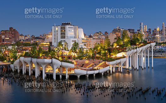 Little Island public park in evening with amphitheater. Elevated park ...