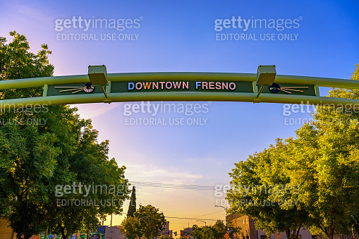Downtown Fresno welcome sign over Van Ness Avenue in Fresno, California ...