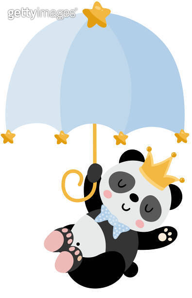 Cute baby panda prince flying with a blue umbrella (2152149499) - 게티이미지뱅크