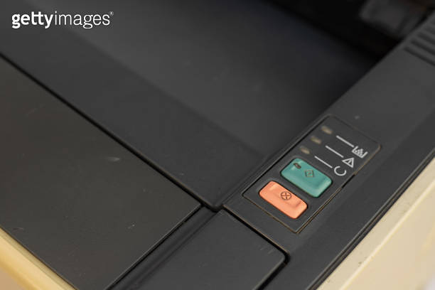 Closeup of Printer Operation Panel with Blue and Red Buttons 이미지 ...
