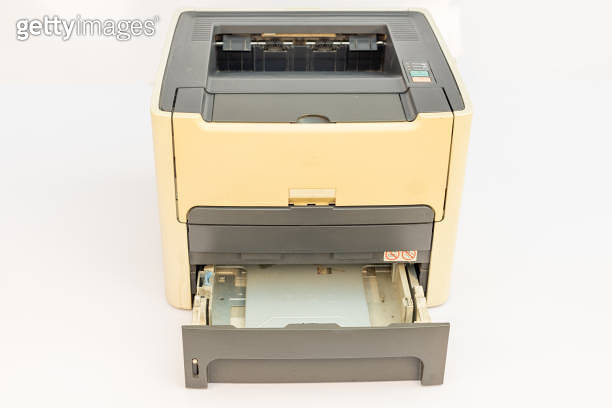 Laser Printer with Open, Empty Paper Tray on White Background 이미지 ...