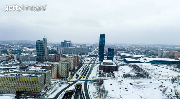 Aerial view of snowy Katowice in winter, Poland 이미지 (1971095261) - 게티이미지뱅크