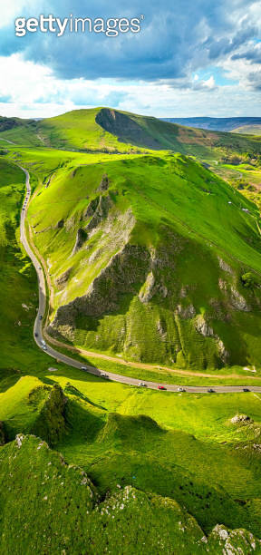 Aerial view of Mam Tor, a hill near Castleton in the High Peak of ...