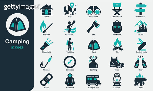 Camping solid icons collection. forest, campfire, hiking, Trekking ...