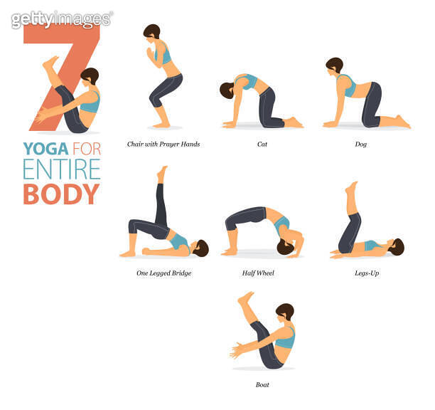 7 Yoga poses or asana posture for workout in entire body concept. Women ...