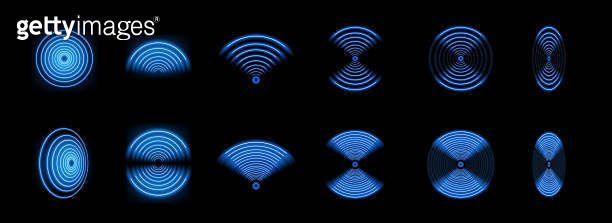 Round glowing blue light Wi-Fi effect and Sonar sound waves set. WiFi ...